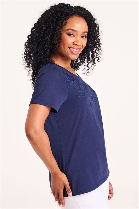 Cut Out Embroidered Neckline T Shirt Bonmarché