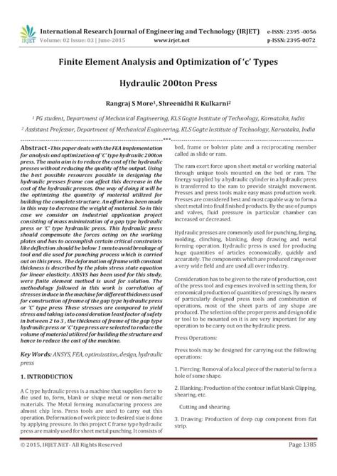 Pdf Irjet Finite Element Analysis And Optimization Of ‘c Types Hydraulic 200ton Press