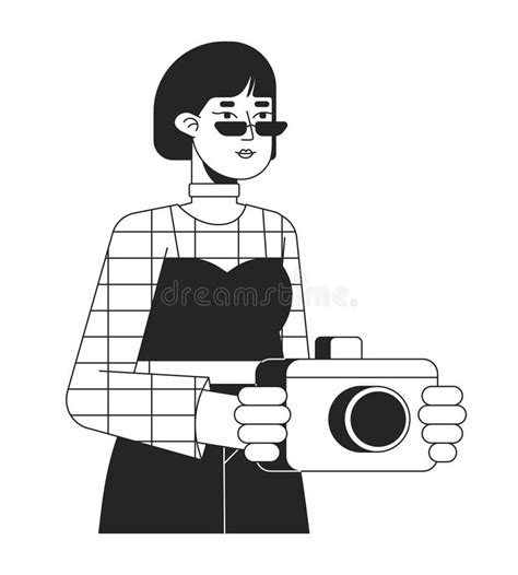 Attractive Photographer With Camera Flat Line Black White Vector Character Stock Vector