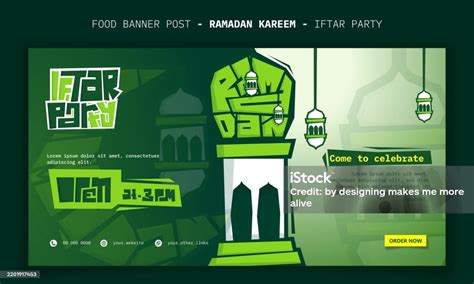 초록색 배경에 랜턴과 만화 타이포그래피가 있는 배너 템플릿 라마단 이프타르 파티 디자인 Eid Mubarak에 대한 스톡 벡터