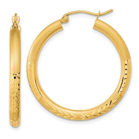 14k Polished Satin And Diamond Cut Hoop Earrings Tf1042 191101058837 Ebay