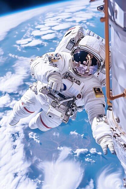An Astronaut Floats In Space Tethered To A Spacecraft With Earth And Cloud Formations Premium