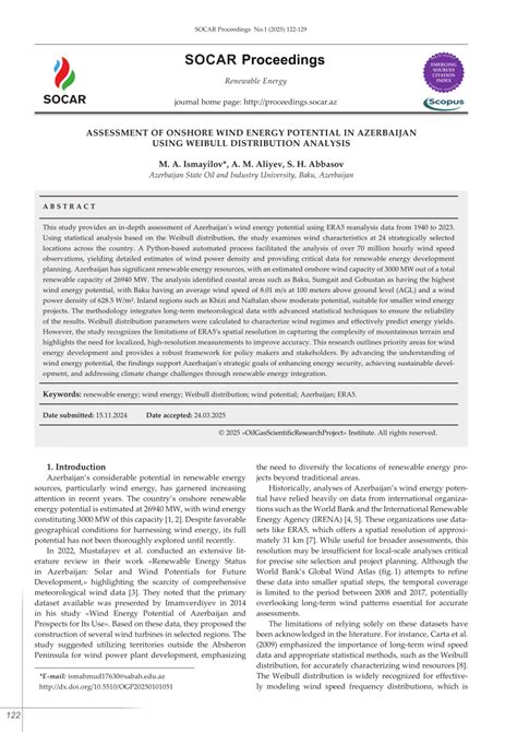 Pdf Assessment Of Onshore Wind Energy Potential In Azerbaijan Using Weibull Distribution Analysis