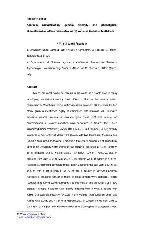 Pdf Aflatoxin Contamination Genetic Diversity And Phenotypical Characterization Of Five Maize