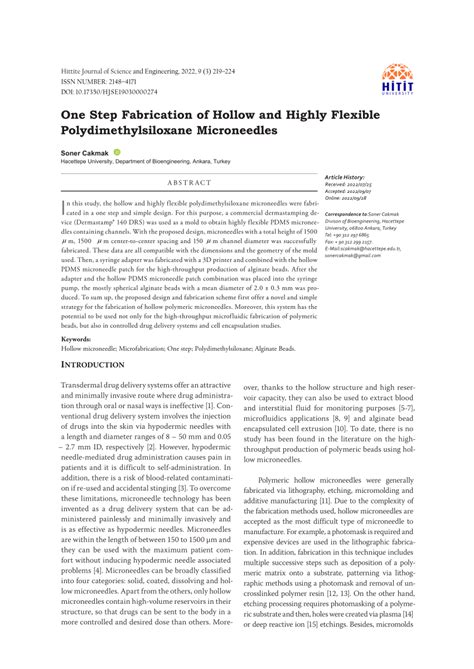 Pdf One Step Fabrication Of Hollow And Highly Flexible Polydimethylsiloxane Microneedles