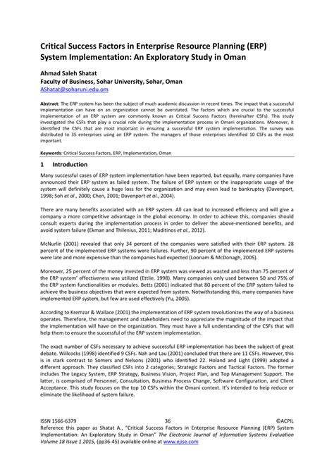 Pdf Critical Success Factors In Enterprise Resource Planning Erp System Implementation An