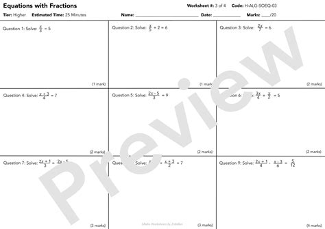 Gcse Maths Worksheet Equations With Fractions Higher Tier Teaching Resources