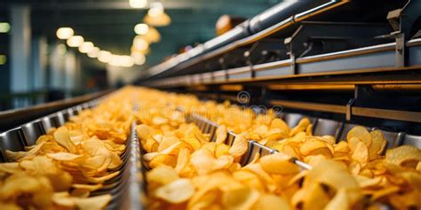 Optimizing Assembly Line Efficiency Packaging Crispy Potato Chips On A Moving Conveyor Belt