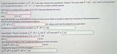 Solved 1 Point Calculate The Circulation Int {c}
