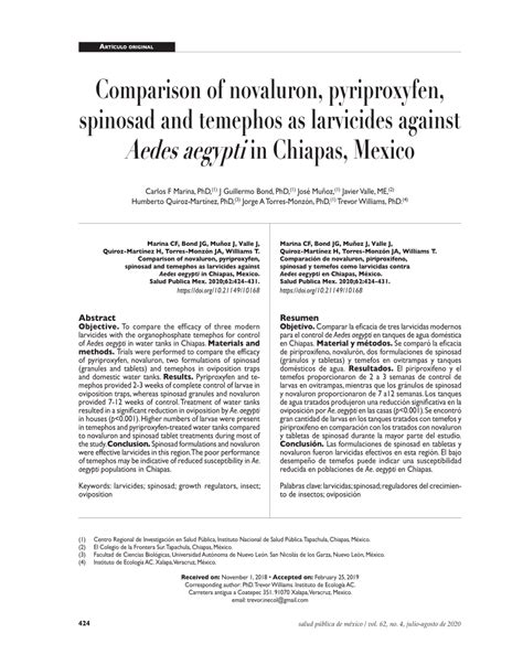Pdf Comparison Of Novaluron Pyriproxyfen Spinosad And Temephos As Larvicides Against Aedes