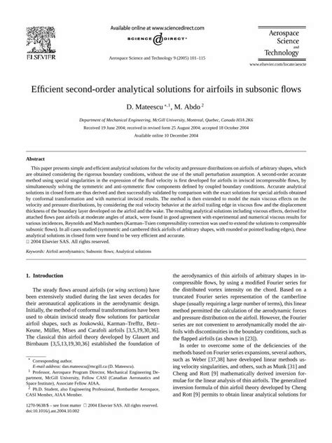 Pdf Efficient Second Order Analytical Solutions For Airfoils In Subsonic Flows Dokumentips