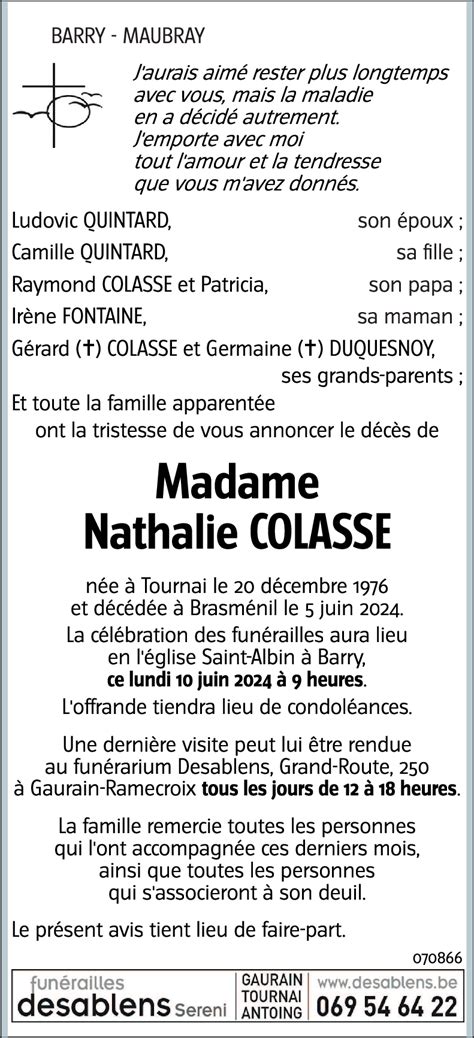 Avis De Décès De Nathalie Colasse Décédé Le 05062024 à Brasménil