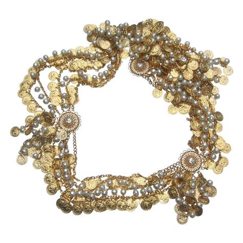 Christian Dior Ornate Dangling Coin And Pearl Belt Necklace In Dior