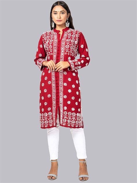 Buy Fawoment Women Maroon Floral Embroidered Lucknowi Chikankari Kurta