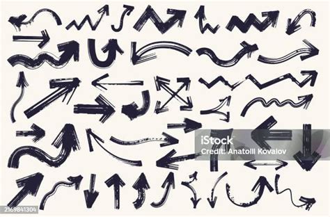 검은 손으로 그린 벡터 디자인 화살표의 큰 세트는 흰색 배경에 낙서합니다 다양한 크기의 굵은 브러시로 그려진 화살표 모음입니다 템플릿 요소 벡터 일러스트 레이 션 0명에