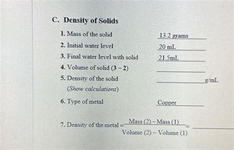 Solved C Density Of Solids Mass Of The Solid Initial Chegg Com