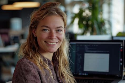 premium photo happy female programmer in office with laptop