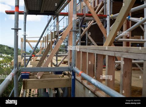 Metal Scaffolding And Wood Building Construction Building Site Stock
