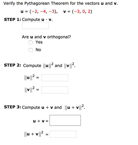 Solved Verify The Pythagorean Theorem For The Vectors U And Chegg Com