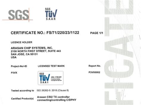 Arasan整合csi和c Phy的total Mipi摄像头ip解决方案获得iso26262认证