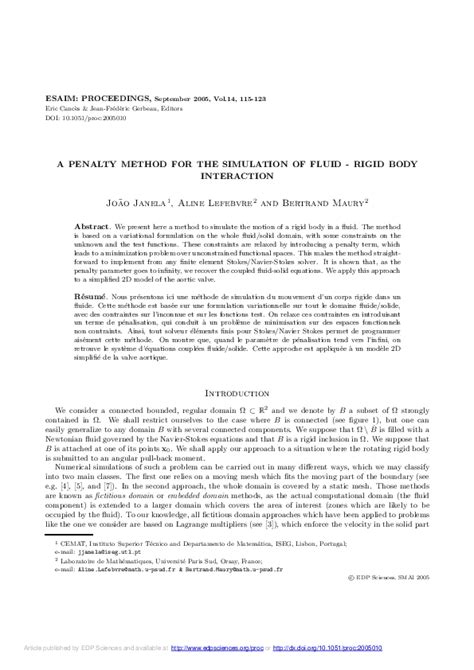 Pdf A Penalty Method For The Simulation Of Fluid Rigid Body Interaction