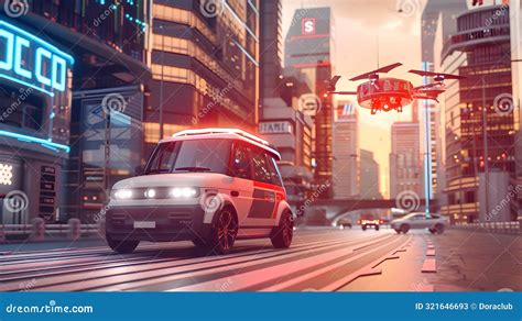 An Autonomous Emergency Response Vehicle Navigates Through A Smart City Ai Generated Stock
