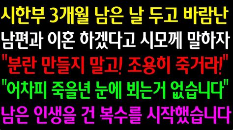 실화사연 시한부 3개월인 날 두고 바람난 남편과 이혼하겠다고 시모께 말하자 분란 만들지 말고 조용히 죽거라” 어차피 죽을년 눈에 뵈는거 없네요 인생을 건 복수를