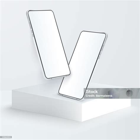 사각형 연단에 두 개의 흰색 현실적인 스마트 폰 모형 빈 흰색 화면이있는 3d 휴대 전화 빛 배경에 현대 휴대 전화 템플릿 장치 3d 화면 의 그림 스마트폰에 대한 스톡