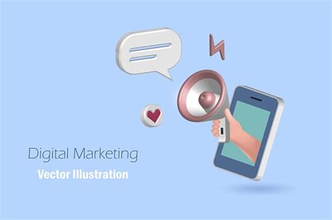 말풍선이 있는 모바일에서 확성기를 들고 있는 손 디지털 마케팅 및 홍보 커뮤니케이션 개념 템플릿 배너에 대 한 3d 현실적인