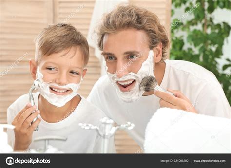 Father Son Shaving Together Bathroom Stock Photo By NewAfrica 224006200
