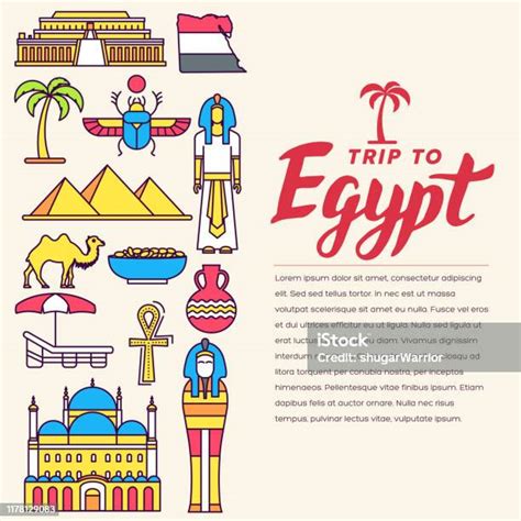 상품 장소 및 기능의 국가 이집트 여행 휴가 가이드 건축 사람 문화 아이콘 배경 개념의 집합입니다 웹 및 모바일용 인포그래픽 템플릿 디자인 얇은 선 스타일에 고대의에 대한