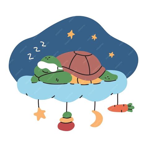 하 배경에 고립 된 구름 터 만화 일러스트에 귀여운 잠자는 거북이 프리미엄 벡터