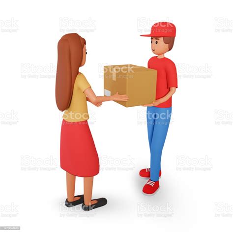 흰색 배경에 격리된 고객 여성 3d 그림으로 소포를 처리하는 택배 흰색 배경에 격리된 여성 클라이언트 3d 그림에 상자를 주는 젊은 남자와 함께 택배 배달 개념 3차원