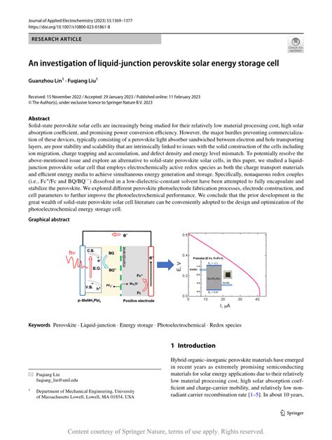 An Investigation Of Liquid Junction Perovskite Solar Energy Storage