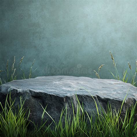 Empty Stone Platform With Grass On Grunge Background For Product