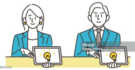 남성과 여성 비즈니스 사람이 태블릿 컴퓨터에서 설명하고 제안을 하고 있다 벡터 그림 기업 비즈니스에 대한 스톡 벡터 아트 및