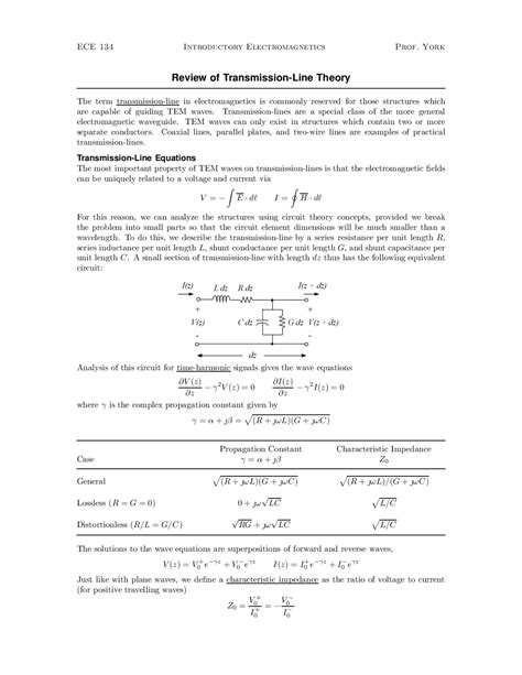 Transmission Line Theory Introduction To Fields And Waves Ece 134