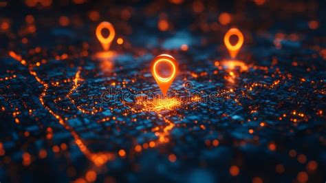 Visual Representation Of A Digital Map With Glowing Location Markers At Night In An Urban