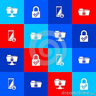 Set FTP Folder And Lock Lock Check Mark Smartphone With And Folder Icon Vector