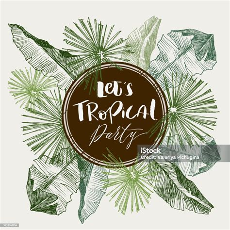 열 대 야 자 나뭇잎 몬스 테라로 파티 초대장 라운드 정글 Aralia 바나나 잎 디자인 서식 파일입니다 높은 상세한 식물 밑그림 벡터 일러스트 레이 션 0명에 대한 스톡