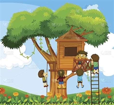 孩子们在花园里爬上树屋素材 花瓣网