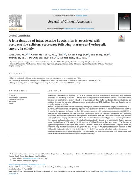 Pdf A Long Duration Of Intraoperative Hypotension Is Associated With