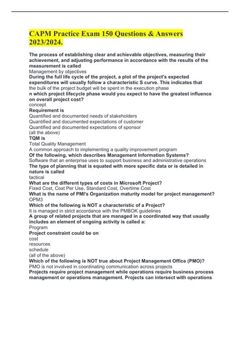 Capm Practice Exam 150 Questions And Answers 2023 2024 Capm Stuvia Us