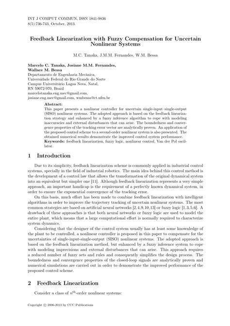 Pdf Feedback Linearization With Fuzzy Compensation For Uncertain Nonlinear Systems