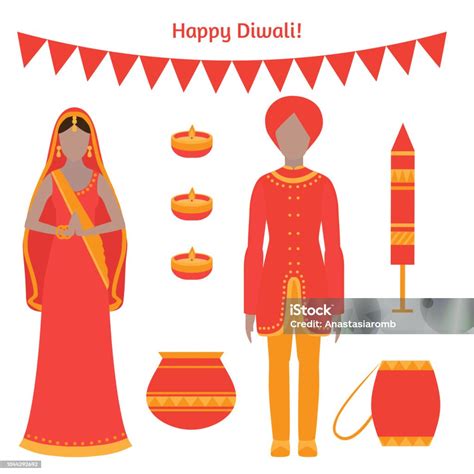 휴일 인사말 카드입니다 인도 해피 디 왈 리의 빛 축제입니다 불꽃놀이와 촛불 인도 가족 드레스에 대한 스톡 벡터 아트 및 기타 이미지 드레스 디왈리 전통 Istock