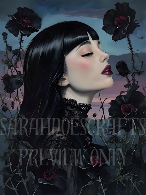 Flowers At Dusk Goth Girl Digital Art Print Gothic Wall Art Dark