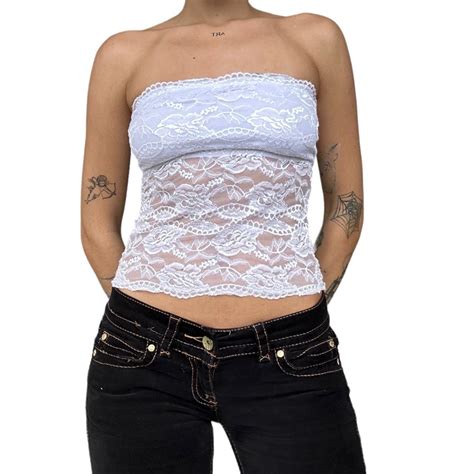 Y2k Lace Top Strapless Bandeau White Top Vintage Depop