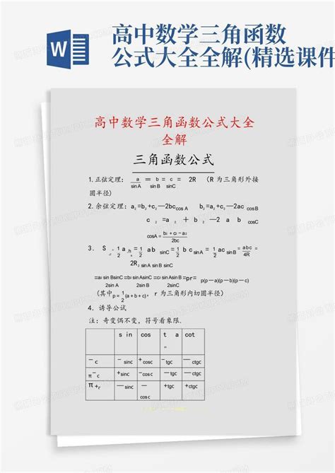 高中数学三角函数公式大全全解 精选课件 Word模板下载 编号qxxmyarb 熊猫办公