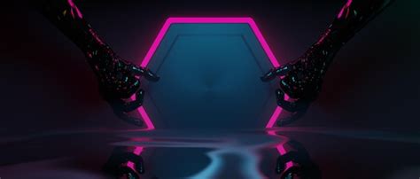 기술 미래 사이버 펑크 디스플레이 게임 공상 과학 무대 받침대 배경 게이머 배너 네온 글로우의 3d 그림 렌더링 제품 연단 스탠드 프리미엄 사진