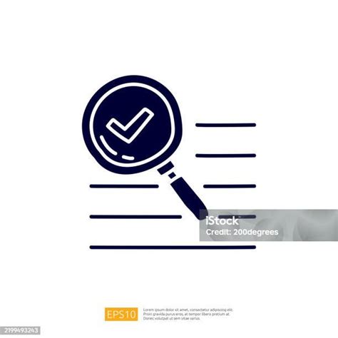 확인 또는 승인을 상징하는 체크 표시가 있는 돋보기로 텍스트 또는 문서를 암시하는 수평선이 함께 표시됩니다 개념에 대한 스톡